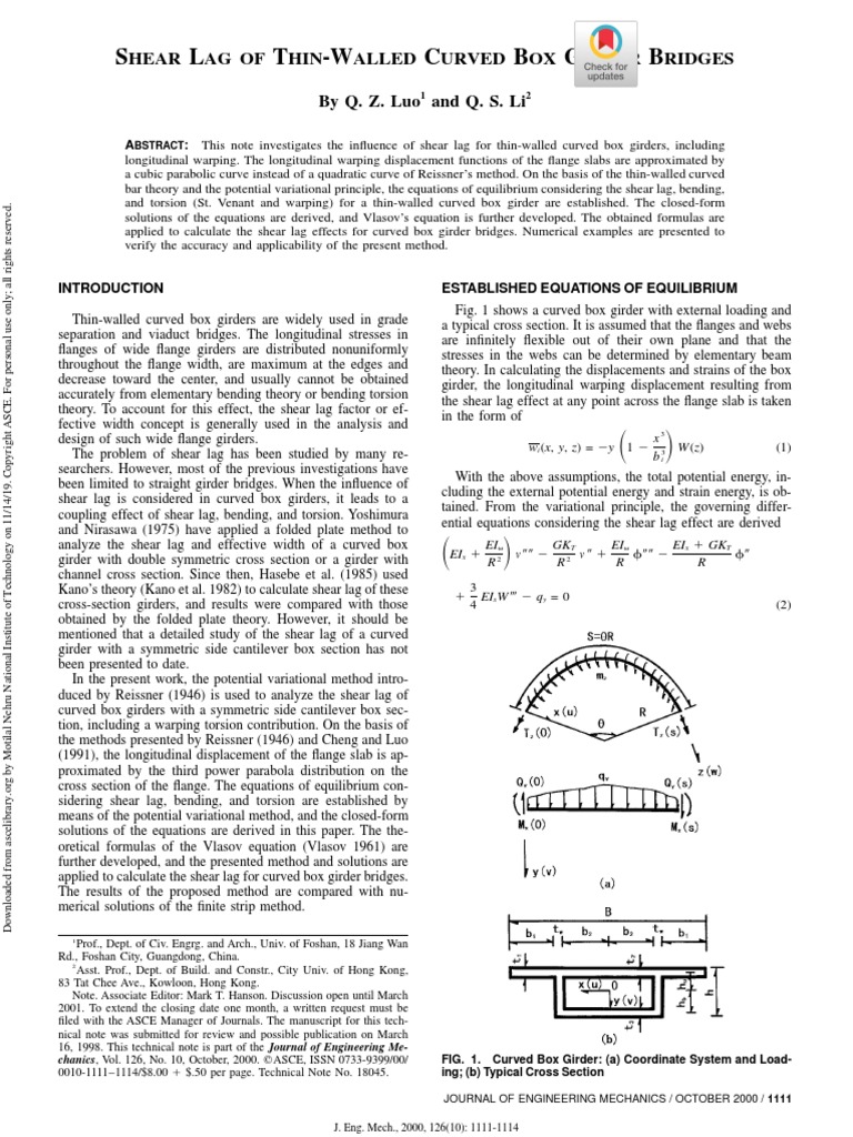 2000 Shear Lag of Thin-Walled Curved Box Girder Bridges | PDF | Bending ...