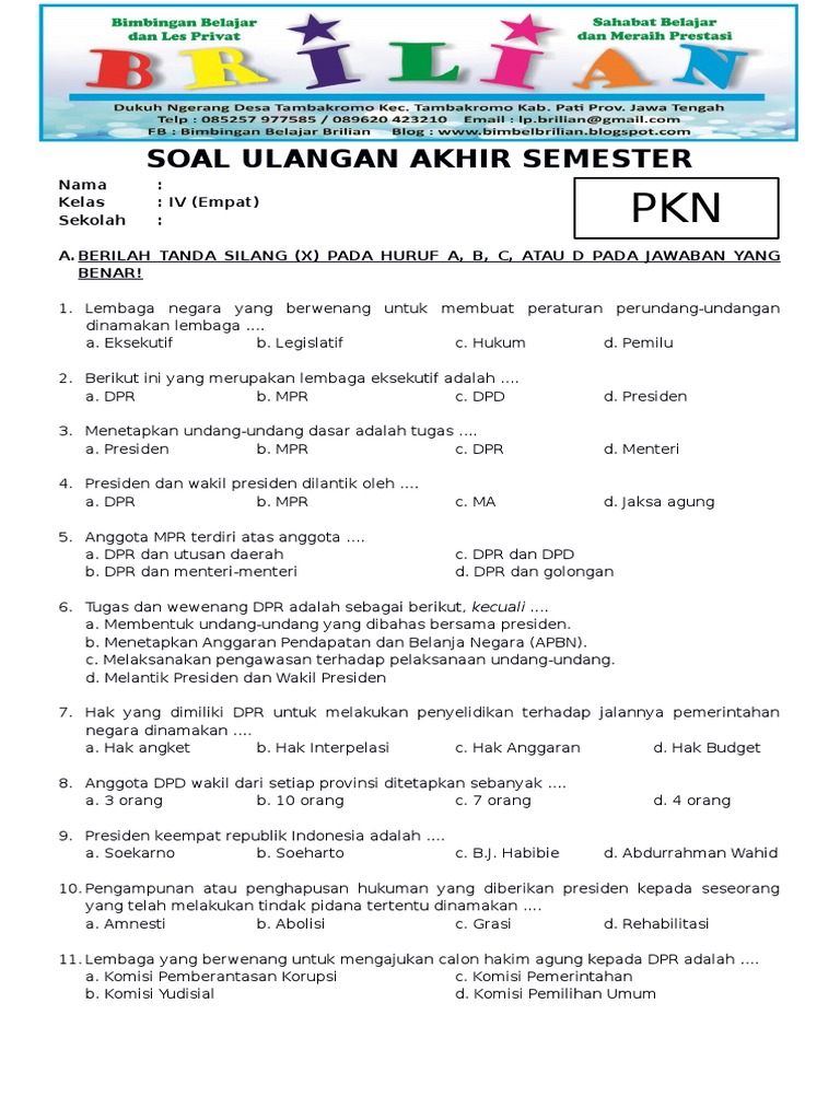 Soal UAS PKN Kelas 4 SD Semester 2 Dan Kunci Jawaban | PDF