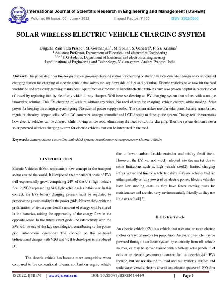 Solar Wireless Electric Vehicle Charging System | PDF | Electric ...