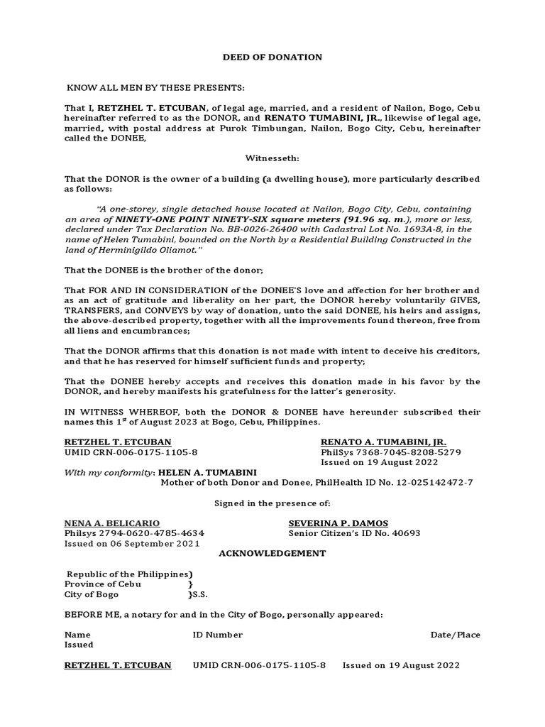 (Tumabini) Deed of Donation | PDF | Civil Law (Common Law) | Private Law