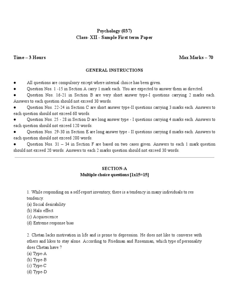 Class 12 Psychology Sample Paper | PDF | Psychotherapy | Phobia