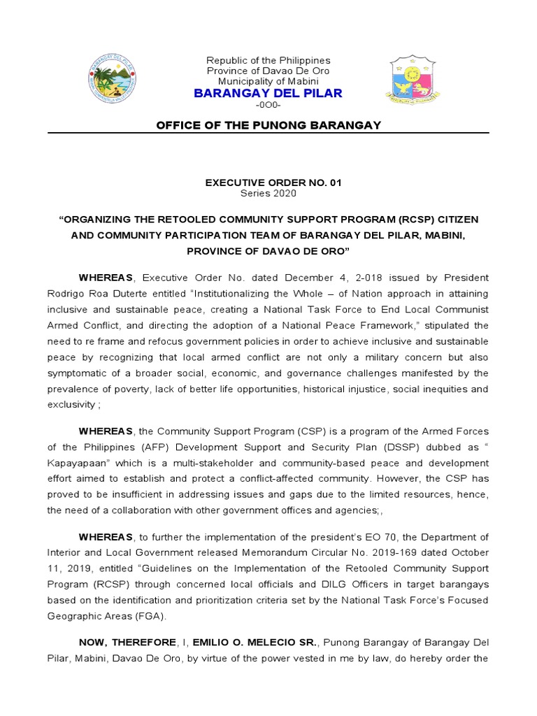 Executive Order No. 01 - RCSP | PDF | Governance | Justice