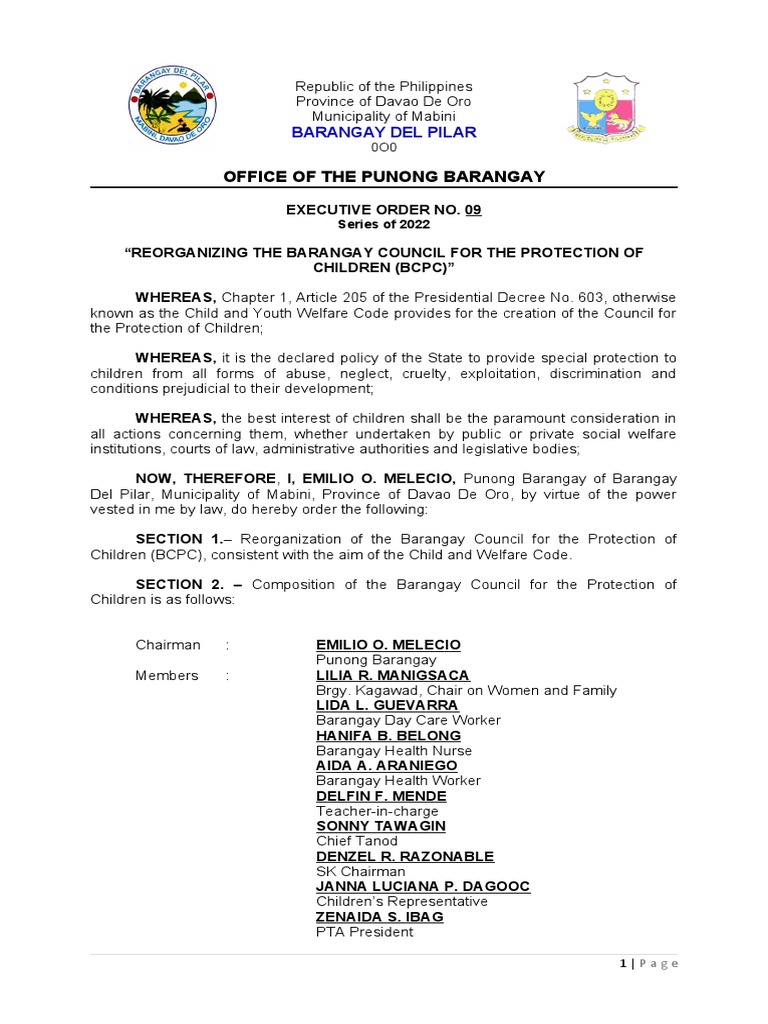 Executive Order No. 09 - BCPC | PDF | Government | Social Institutions