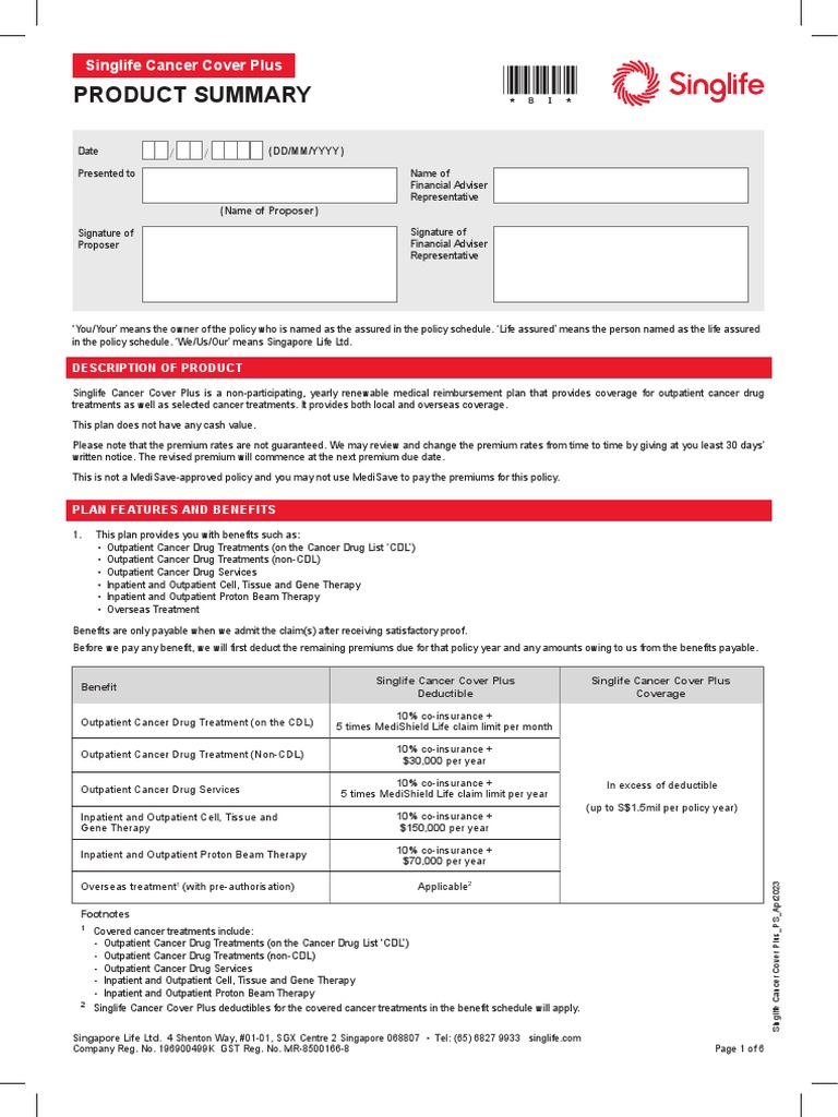 Singlife Cancer Cover Plus PDT Summary - Hospital Reimbursement Plan ...