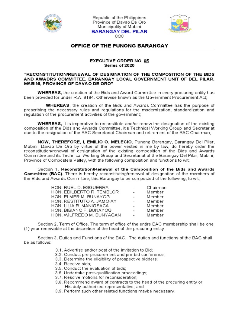 Executive Order No. 05 - Bac | PDF | Governance | Justice