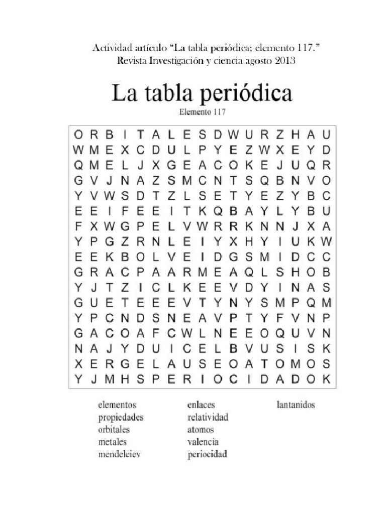 Sopa De Letras Tabla Periodica Pdf 