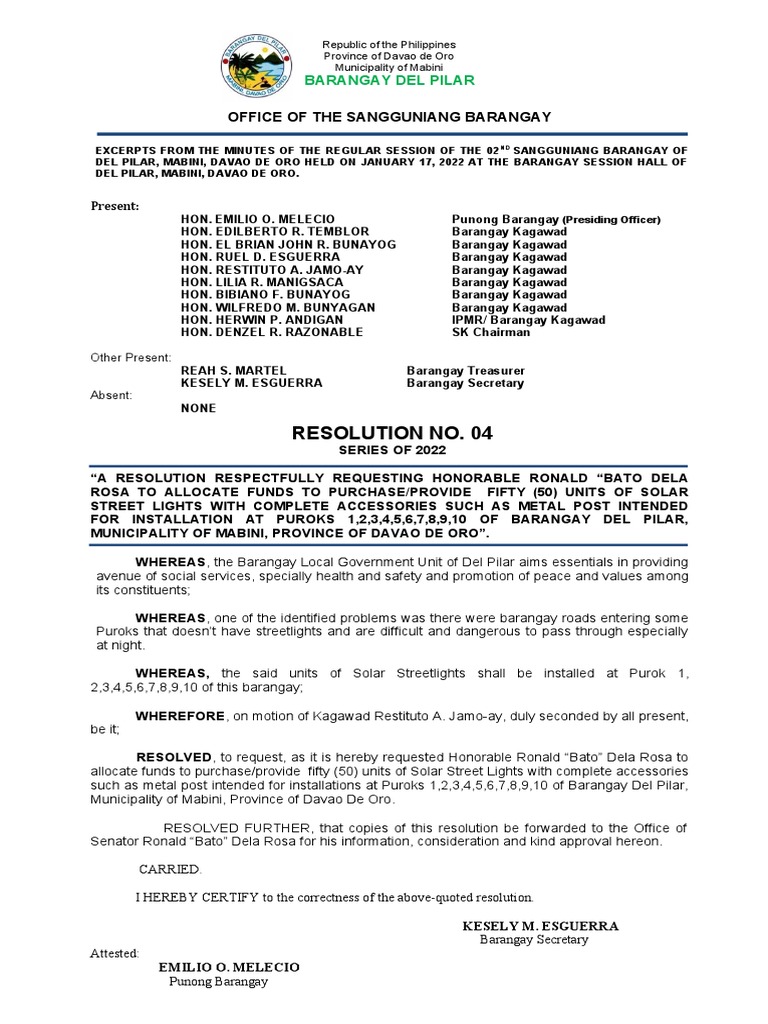 RESOLUTION NO. 04 Req. Sen. Bato Dela Rosa For Solar Streetlights | PDF