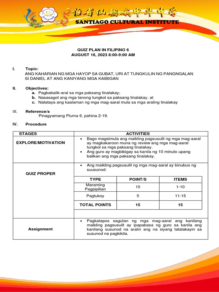 Quiz-Plan-Fil 6 | PDF