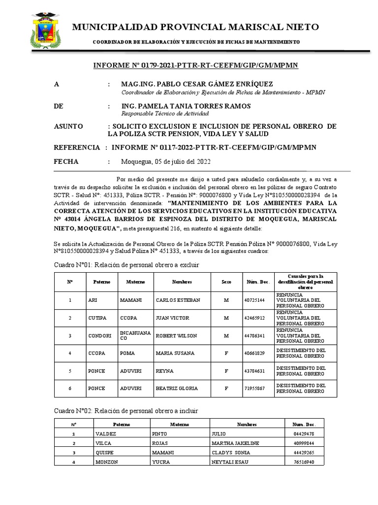 INFORME Nº0179 Actualizacion de Seguro SCTR Julio | PDF | Seguro | Riesgo financiero