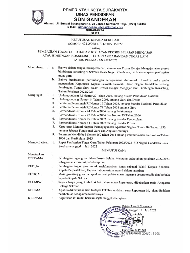 SK Pembagian Tugas Mengajar SDN Gandekan 2022-2023 | PDF