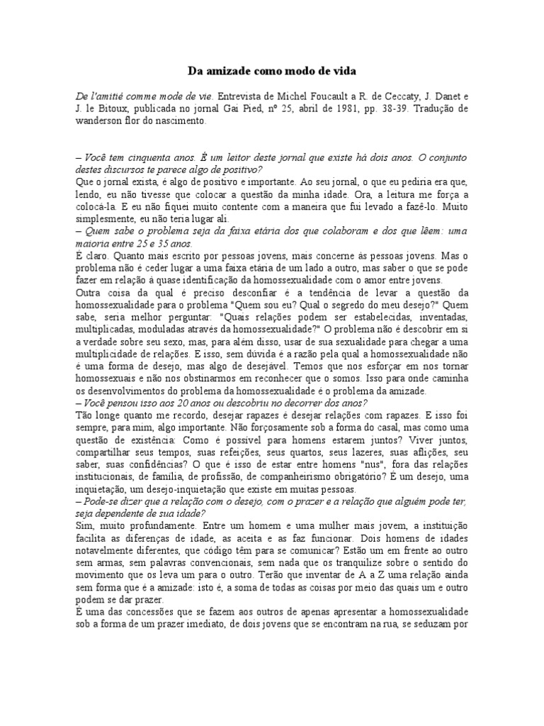 Foucault, Michel. Da Amizade Como Modo de Vida | PDF
