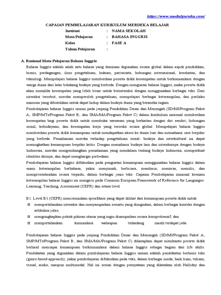 Cp Bahasa Inggris Fase A Kurikulum Merdeka Pdf