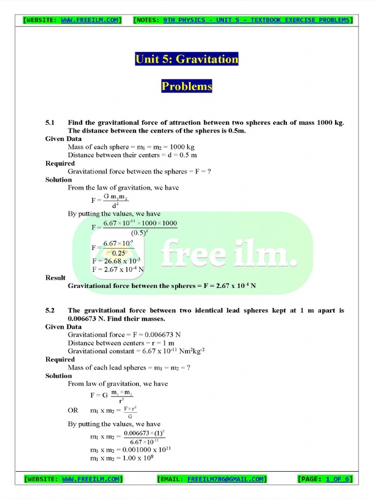 9th Phy CH 5 Numericals | PDF