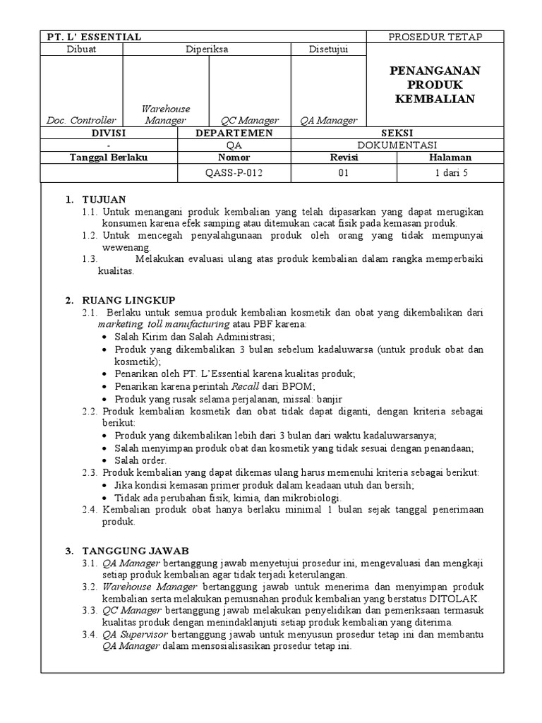 QASS-P-012 (01) Penanganan Produk Kembalian | PDF