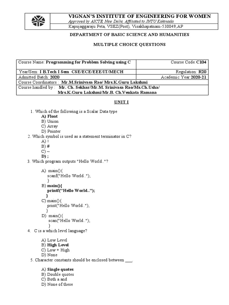 R20-Ppsc-Unitwise Multiple Choice Questions | PDF