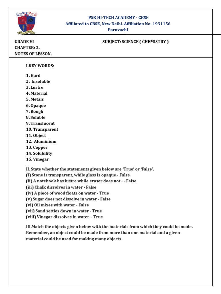 Grade 6 Science Notes of Lesson | PDF | Water | Polystyrene