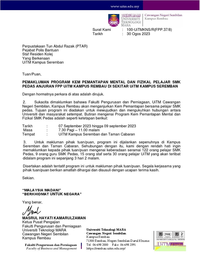 30.08.2023-Surat Pemakluman Program Kem Pemantapan SMK Pedas | PDF