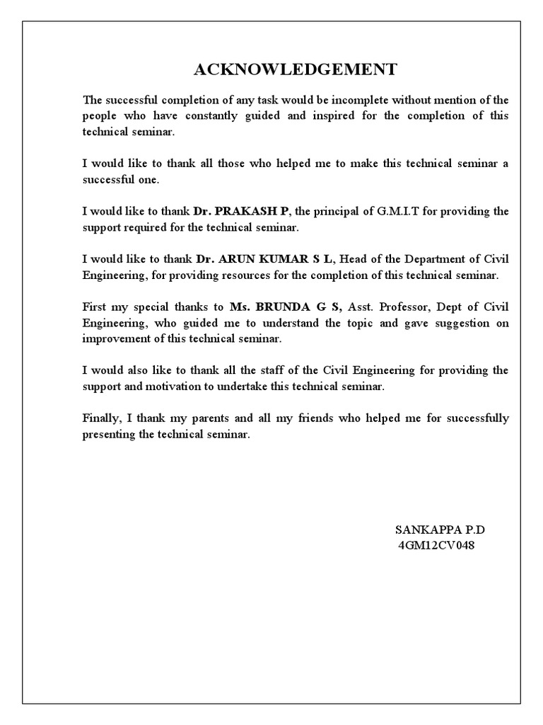Acknowledgements for Technical Seminar | PDF