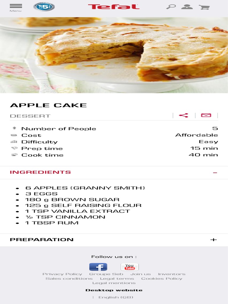 Apple Cake Recipe Tefal | PDF