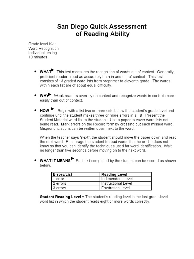 San Diego Quick Assessment-6 | PDF | Educational Assessment | Reading ...