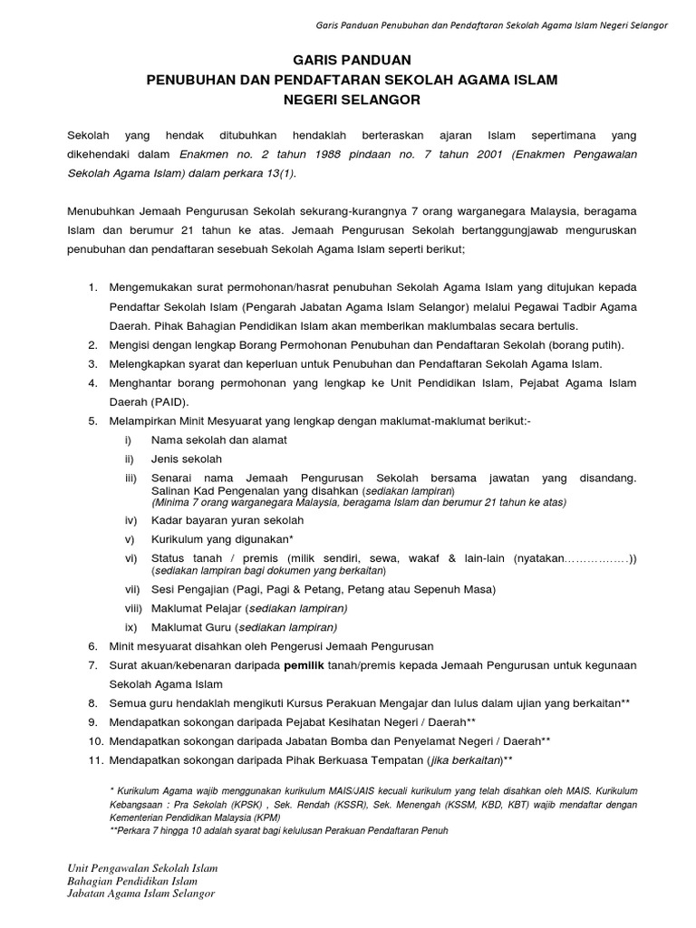 Garis Panduan Dan Carta Alir Penubuhan Sekolah Agama Islam - Portal | PDF