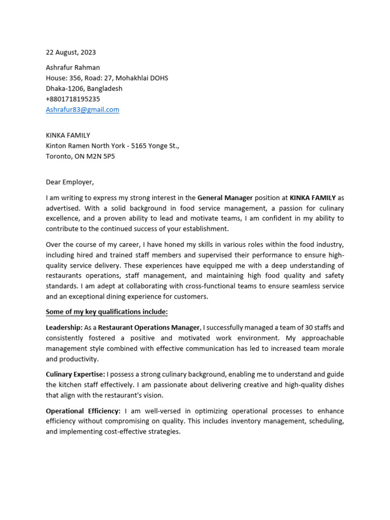 Cover Letter For General Manager | PDF | Restaurants | Leadership