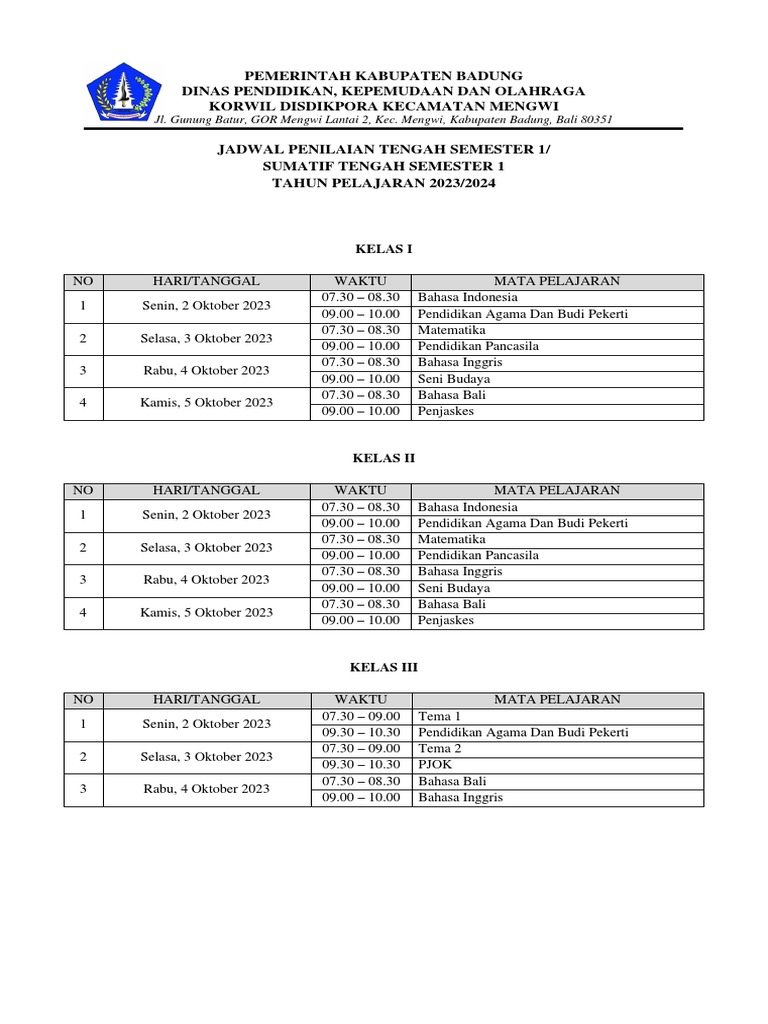 Jadwal PTS 1 2023-2024 | PDF | Ilmu Sosial