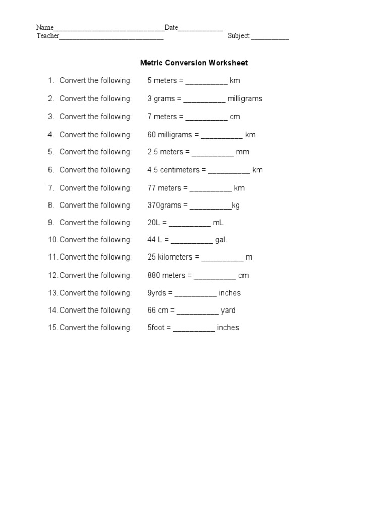 Metric Conversion Worksheet | PDF