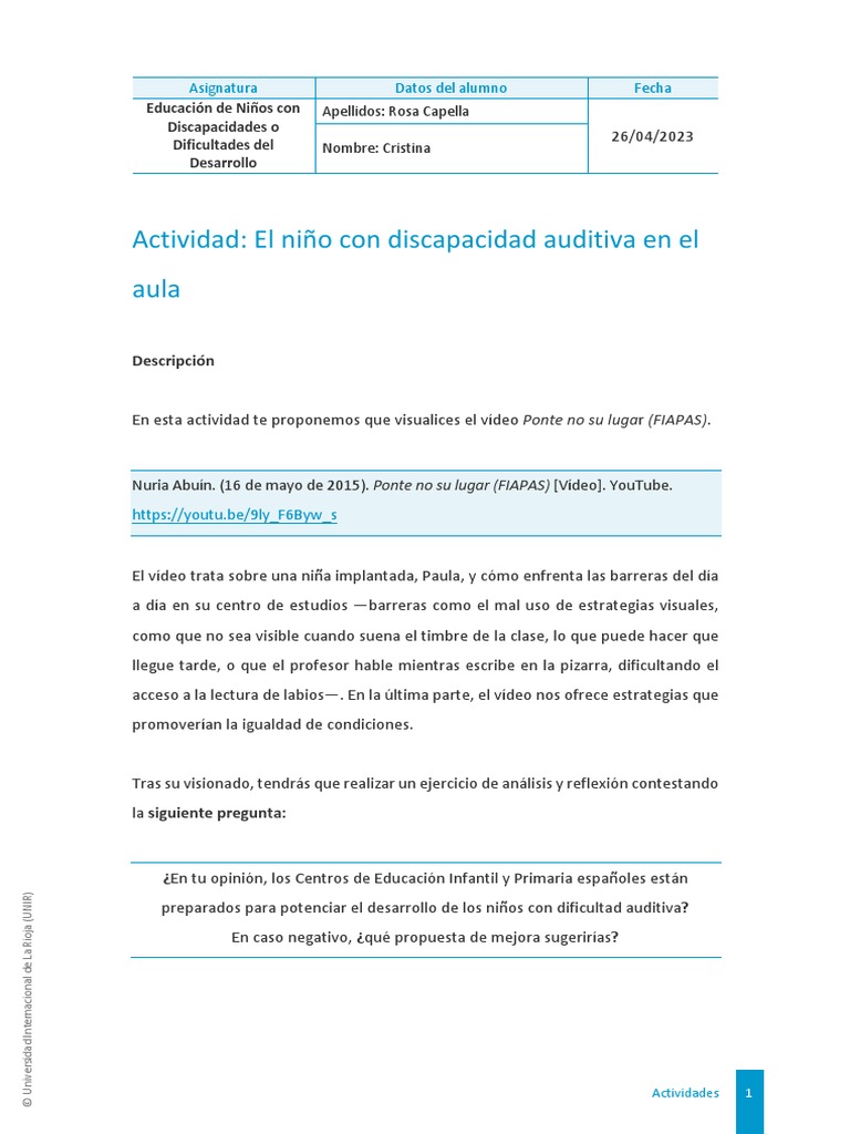 Actividad 1 - El Niño Con Discapacidad Auditiva en El Aula | PDF ...