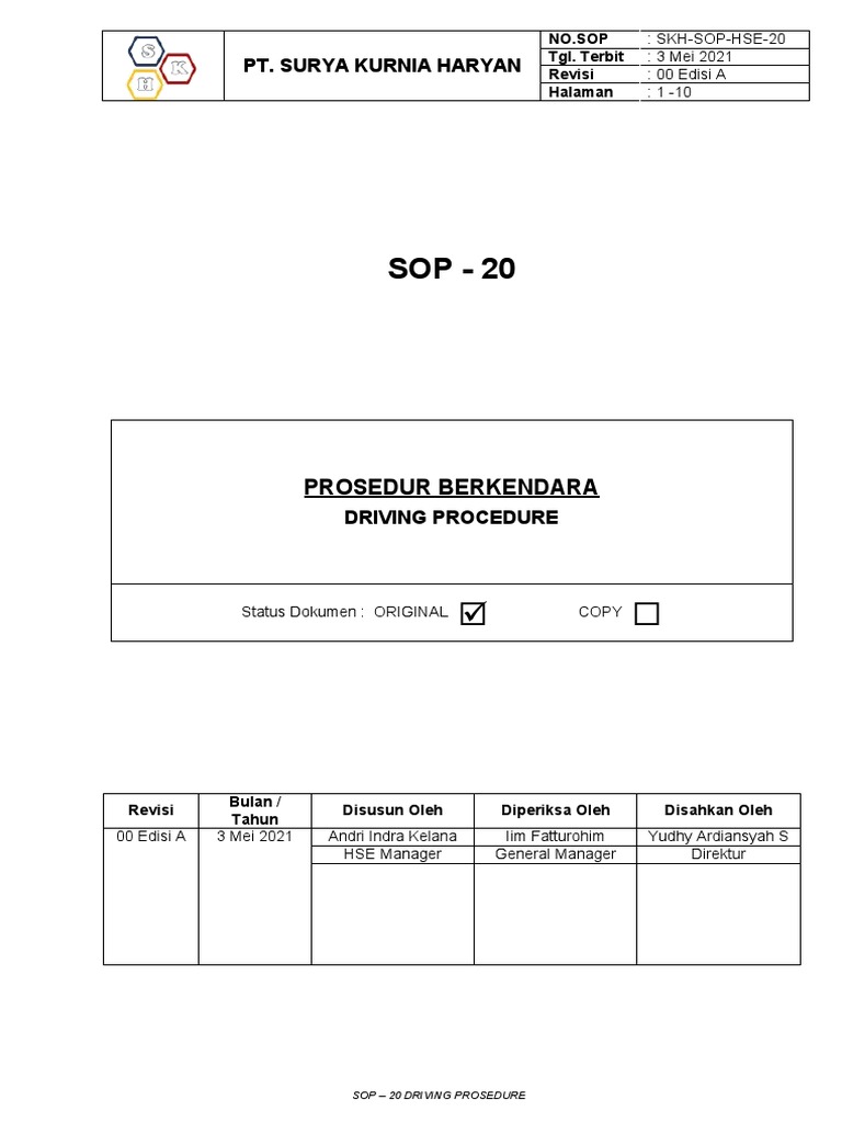 SOP - 20 Driving Procedure - Rev.04a | PDF