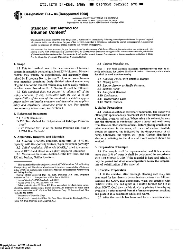 Astm D 4 1986 R 1998 | PDF
