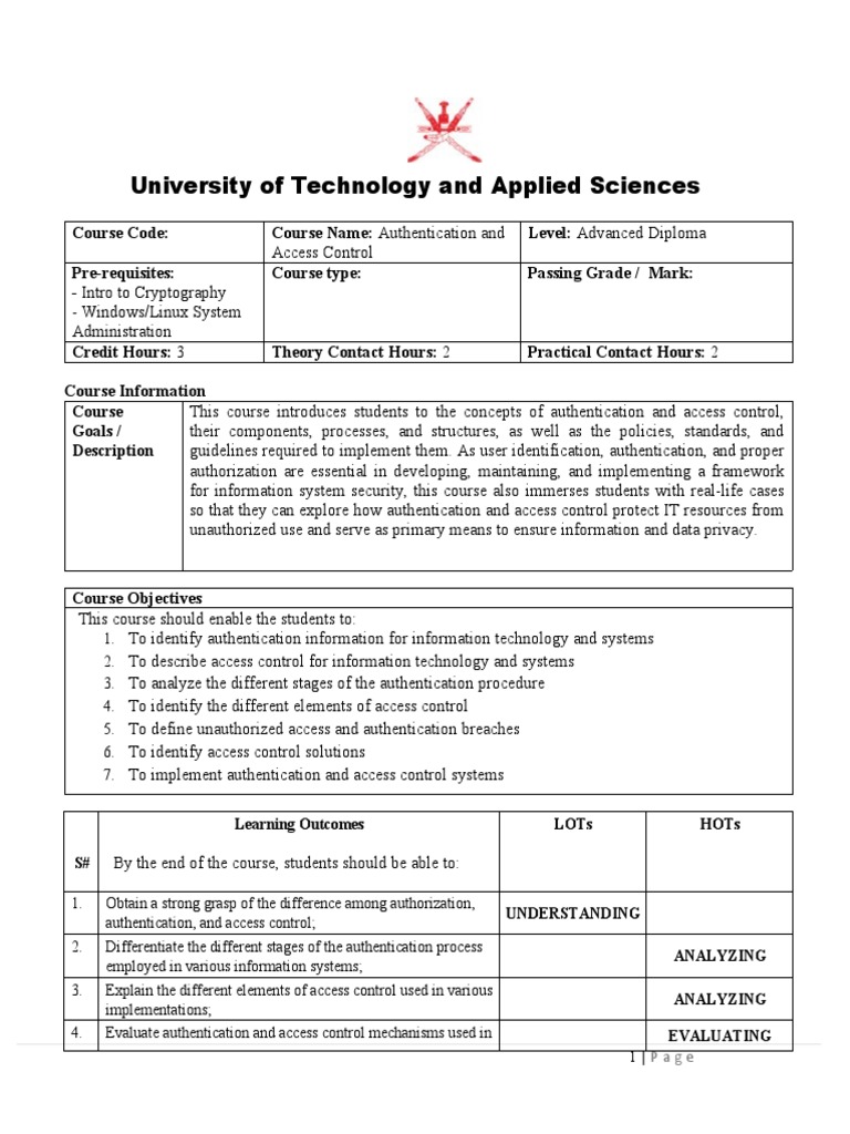 Authentication and Access Control Course Description V2 | PDF | Access Control | Authentication