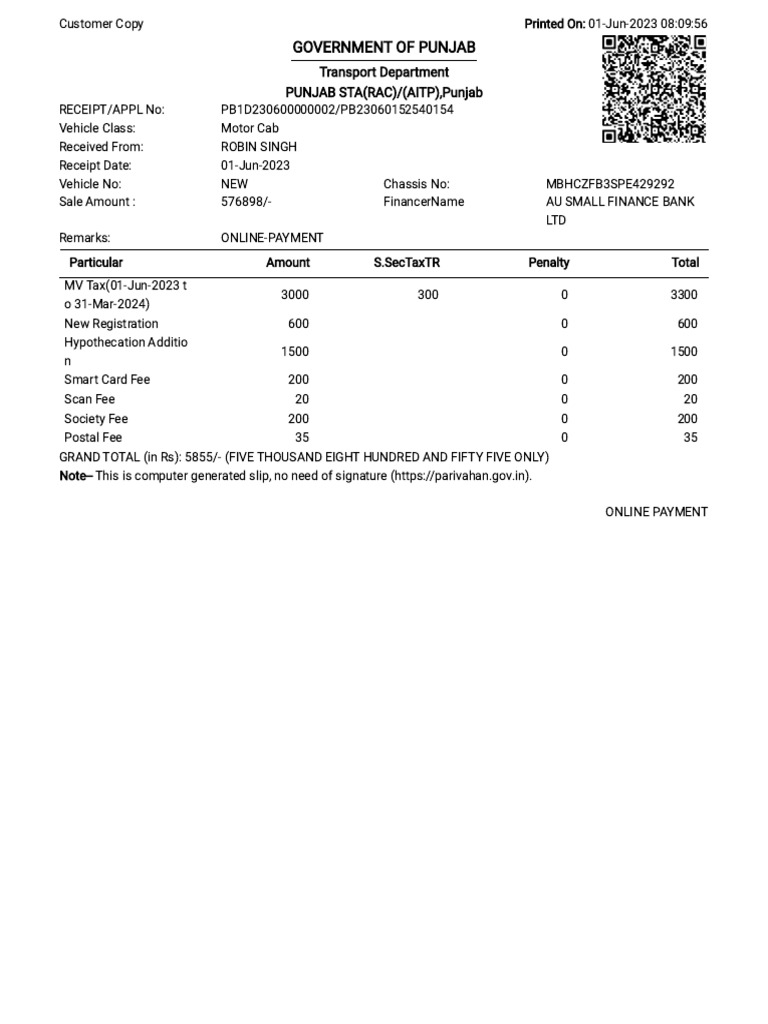 Punjab Motor Cab Registration Receipt | PDF