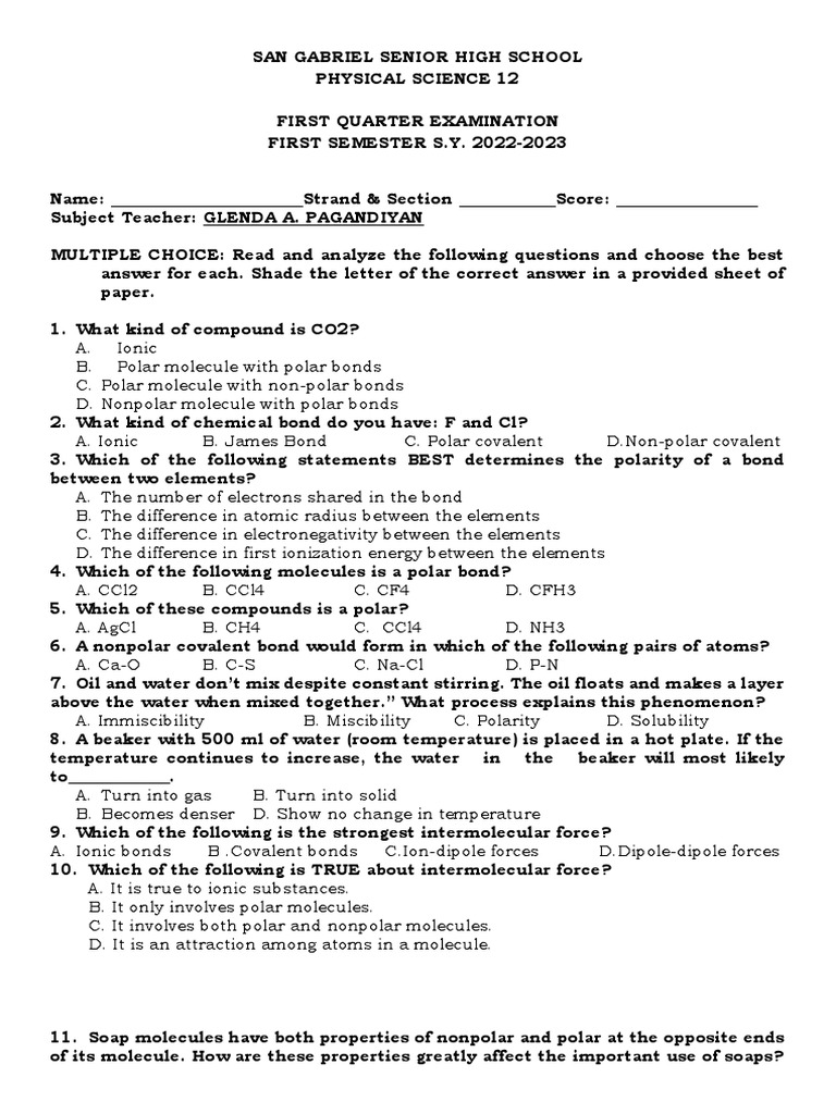 San Gabriel High School Physical Science Exam | PDF | Chemical Polarity ...