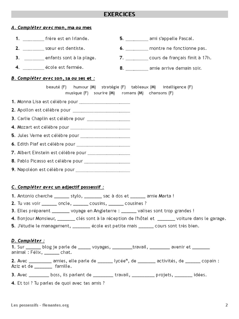 Exercices sur les adjectifs possessifs | PDF