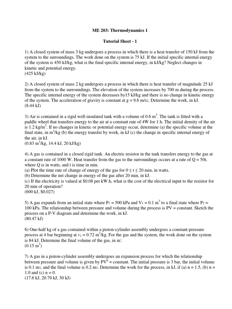Tutorial Sheet 1 | Download Free PDF | Gases | Heat