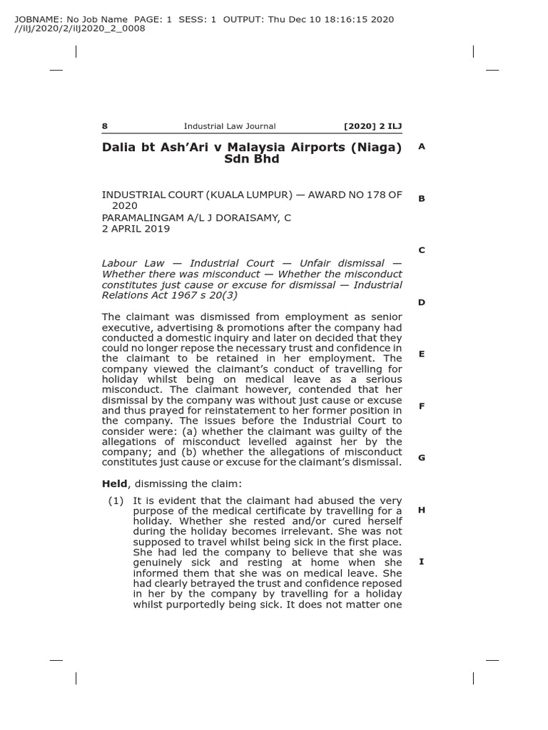 Dalia BT Ash'Ari V Malaysia Airports (Niaga) SDN BHD (2020) 2 ILJ 8 | PDF | Burden Of Proof (Law ...