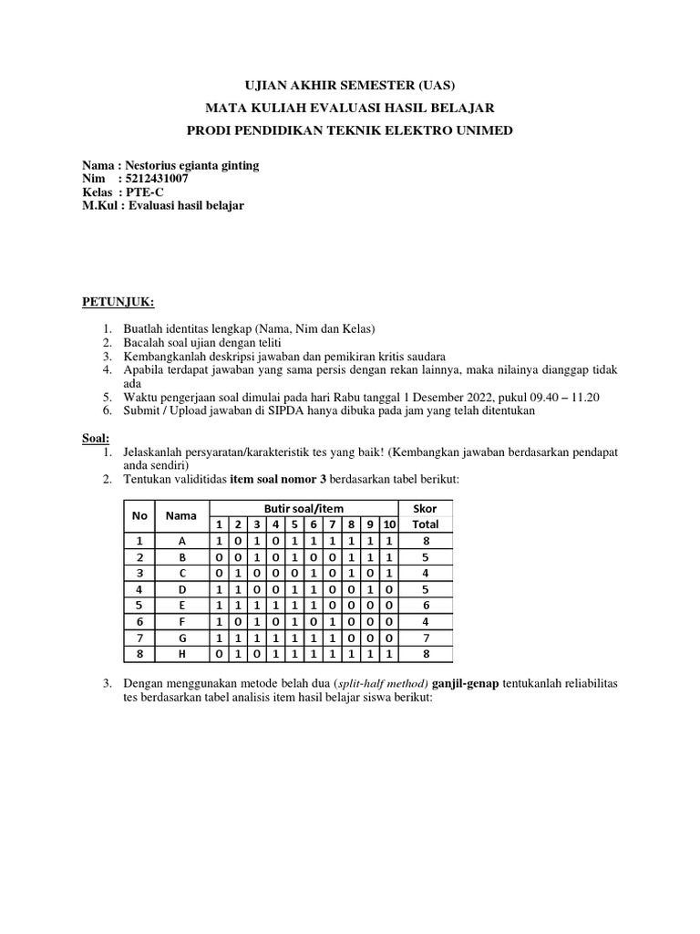 UAS - Evaluasi Hasil Belajar - Nestorius Egianta Ginting | PDF
