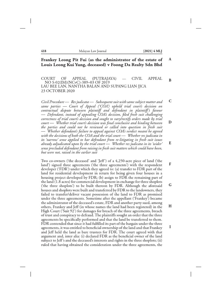 Frankey Leong Pit Fui (As The Administrator of The Estate of Louis ...