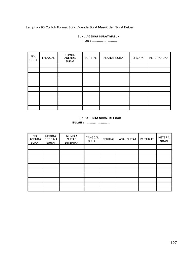 Lampiran 90. Contoh Format Buku Agenda Surat Masuk Dan Surat Keluar | PDF