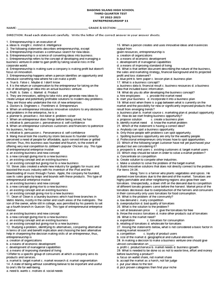 q3 2nd Sem Entre Summative | PDF | Entrepreneurship | Pricing