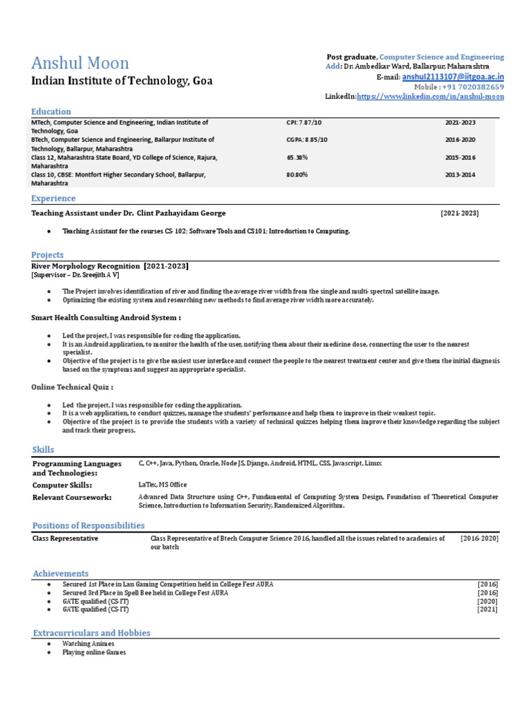 Anshul Resume IITGoa | PDF | Application Software | Software Engineering