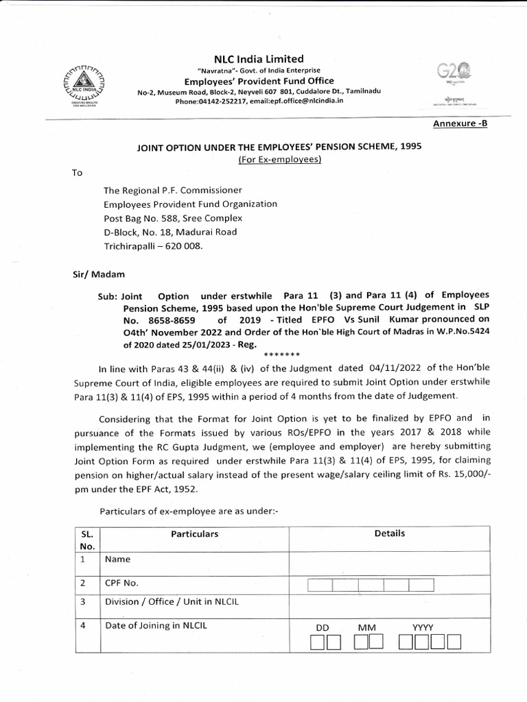 NCL EPS 95 Joint Option Form Annexure B | PDF