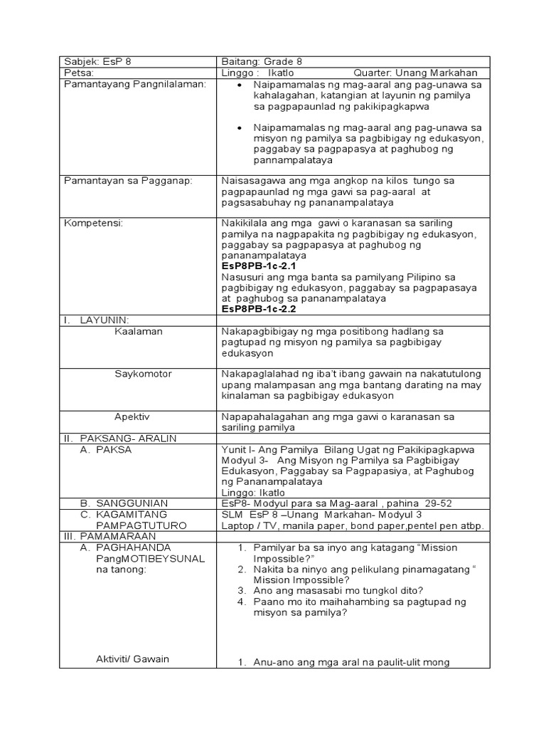 EsP8 Lesson Plan Q1 Week3 | PDF