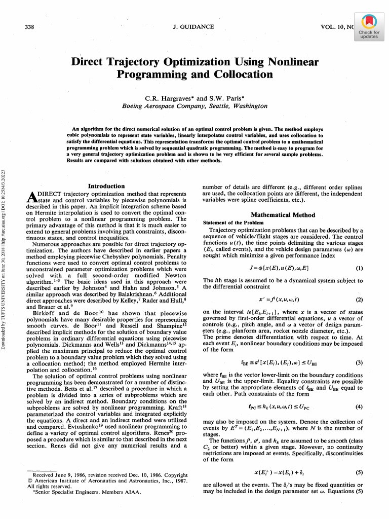 Direct Trajectory Optimization Using Nonlinear Programming And Collocation Pdf Optimal