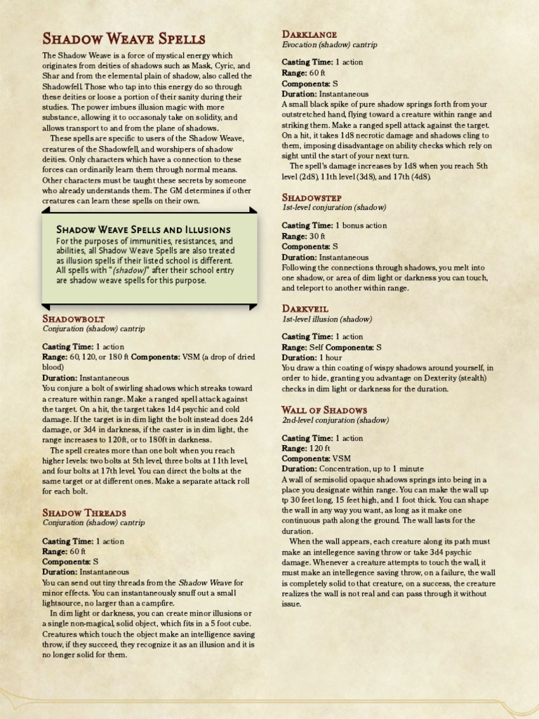 New Spells - Shadow Weave Spells - The Homebrewery | PDF | Shadow