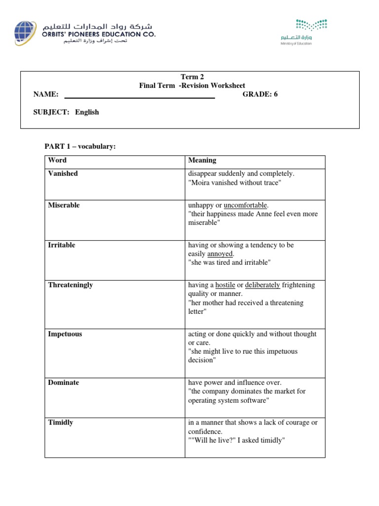 Grade-6-English - 2 Final Term Revision Worksheet (EDITED) | PDF