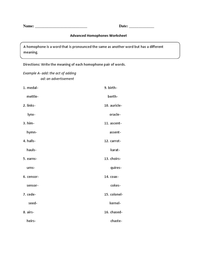 Advanced Homophones Worksheet | PDF