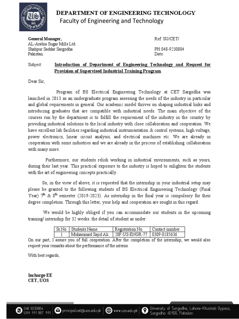 Internship Letter | PDF | Engineering | Bachelor Of Science