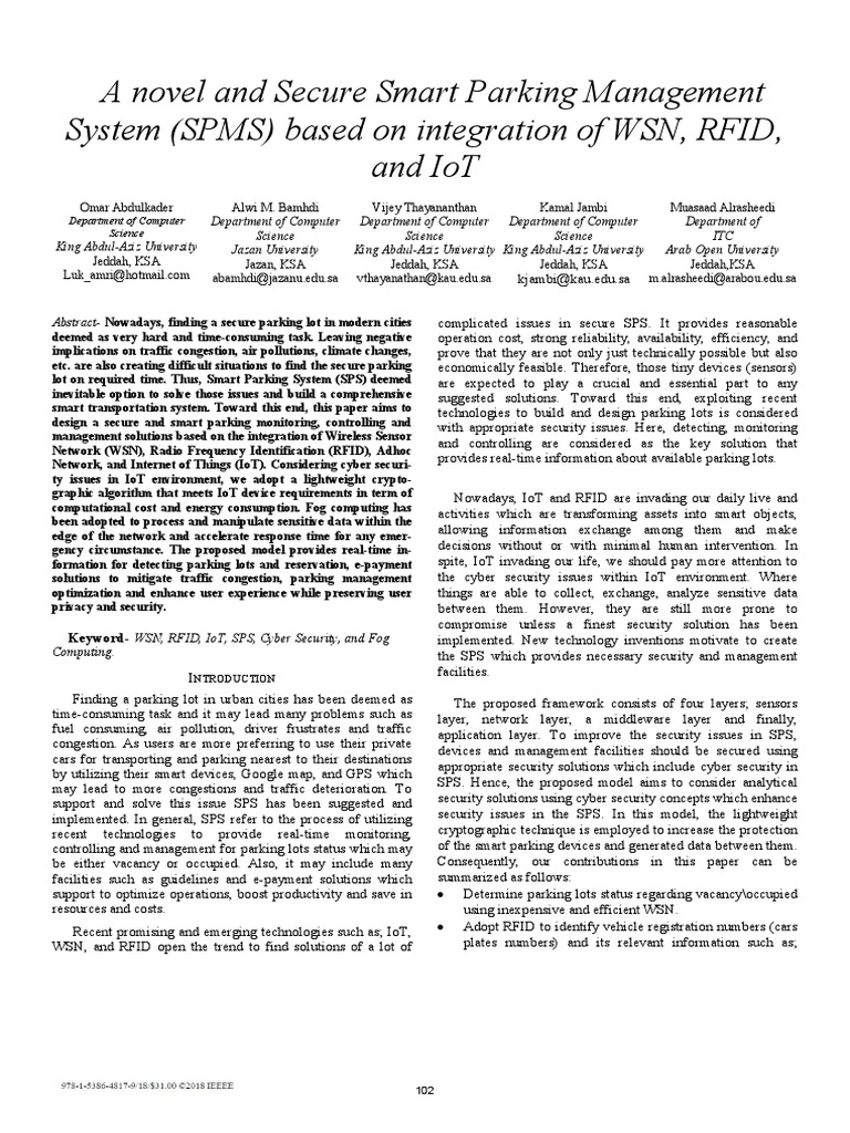 A Novel and Secure Smart Parking Management System (SPMS) Based On Integration of WSN, RFID, and ...